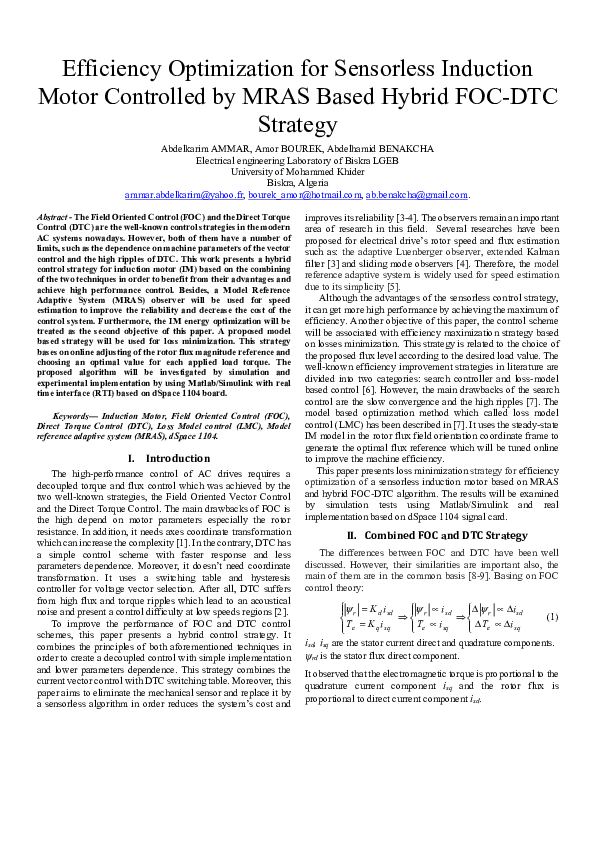 Pdf Efficiency Optimization For Sensorless Induction Motor Controlled By Mras Based Hybrid Foc