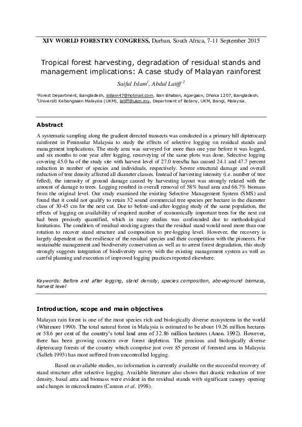 (PDF) Tropical forest harvesting, degradation of residual stands and ...