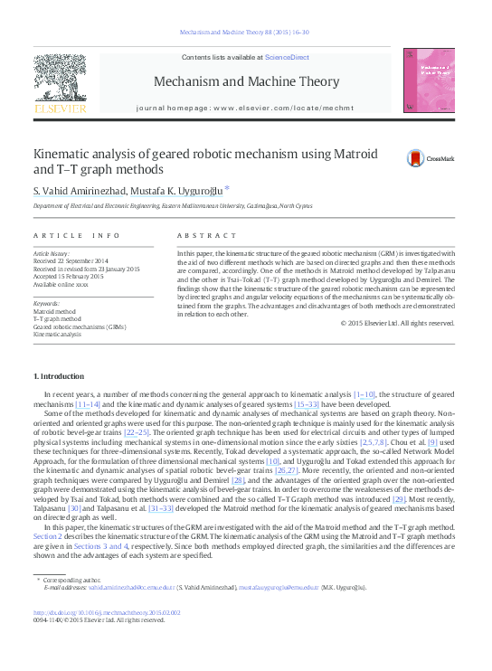 (PDF) Kinematic analysis of geared robotic mechanism using matroid and T-T graph methods