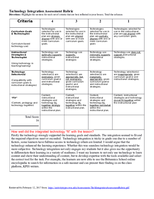 (DOC) Technology Integration Assessment Rubric John