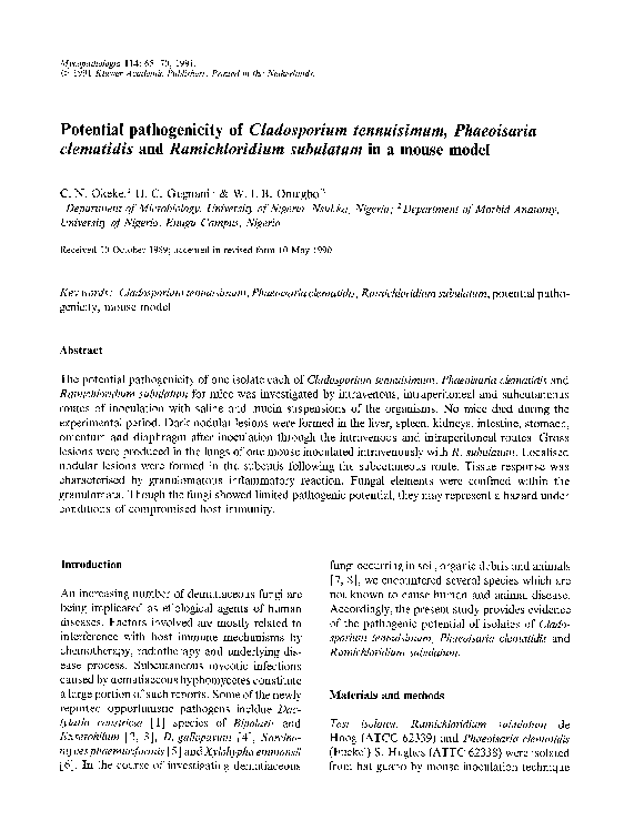 (PDF) Potential pathogenicity of Cladosporium tennuisimum, Phaeoisaria ...