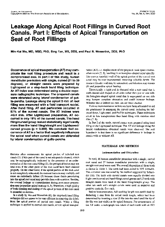 (PDF) Leakage Along Apical Canals. Part I: Effects Seal of Root ...