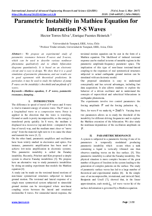 (PDF) Parametric Instability in Mathieu Equation for Interaction P-S Waves