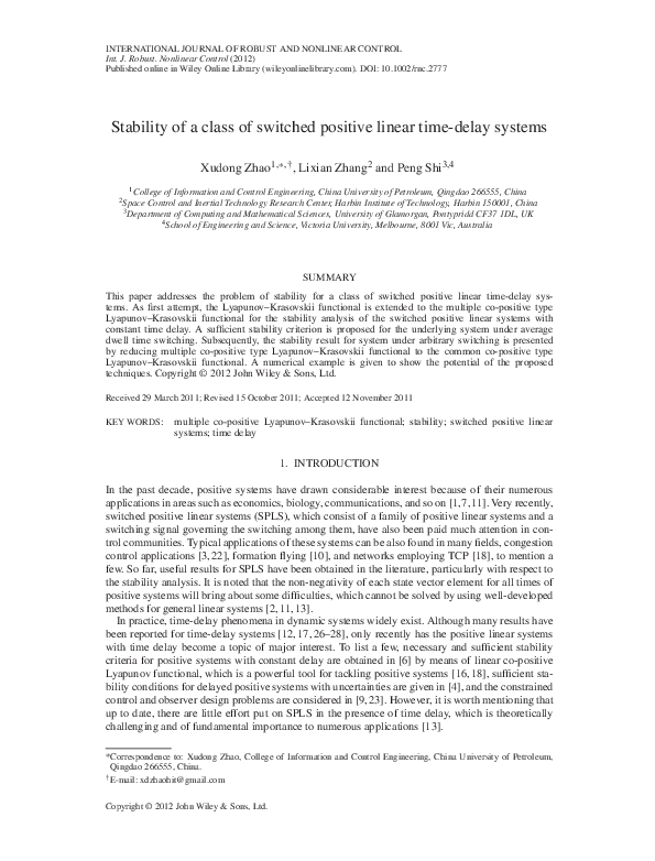 (PDF) Stability of a class of switched positive linear time-delay systems