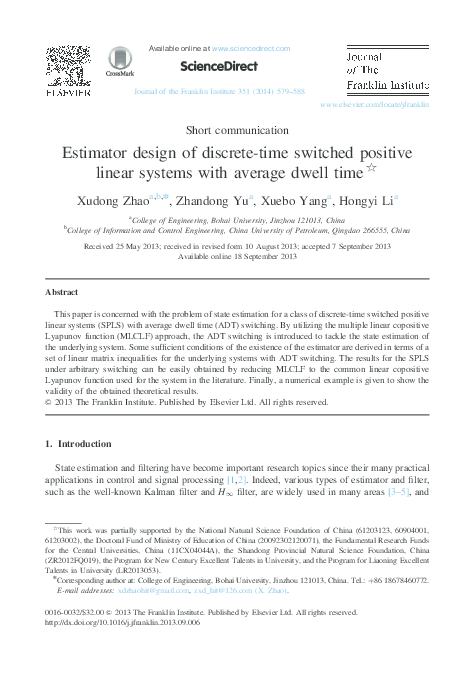 Pdf Estimator Design Of Discrete Time Switched Positive Linear Systems With Average Dwell Time
