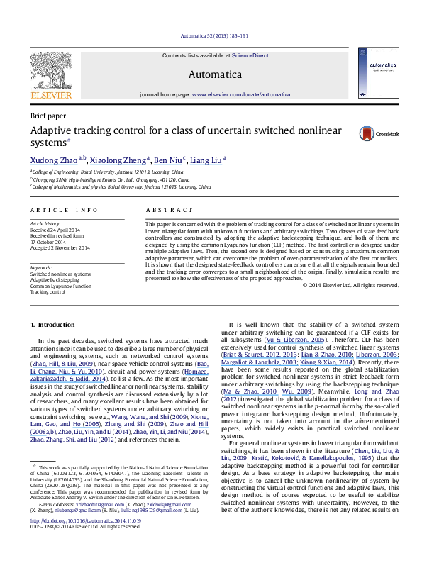 (PDF) Adaptive tracking control for a class of uncertain switched ...