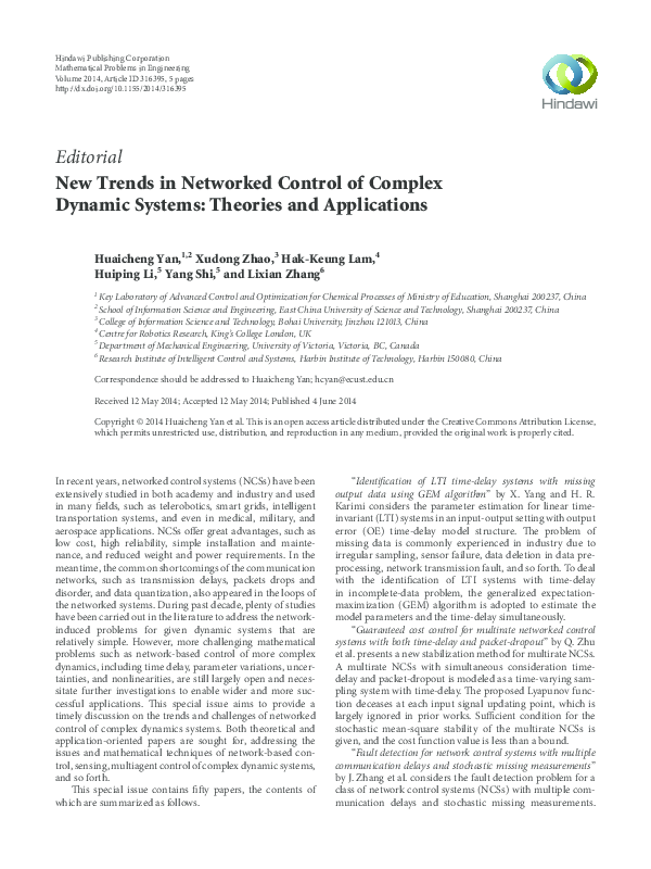 (PDF) New Trends in Networked Control of Complex Dynamic Systems: Theories and Applications