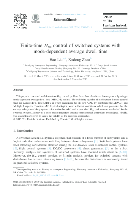 Pdf Finite Time H∞ Control Of Switched Systems With Mode Dependent