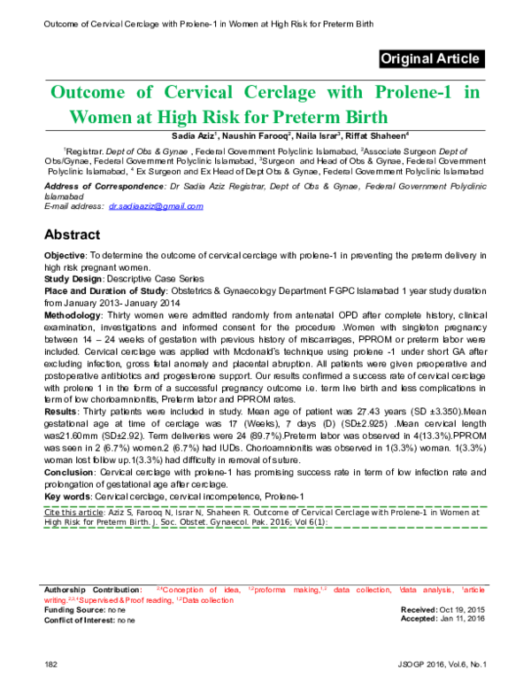 (DOC) OUTCOME OF CERVICAL CERCLAGE WITH PROLENE-1 IN WOMEN AT HIGH RISK ...