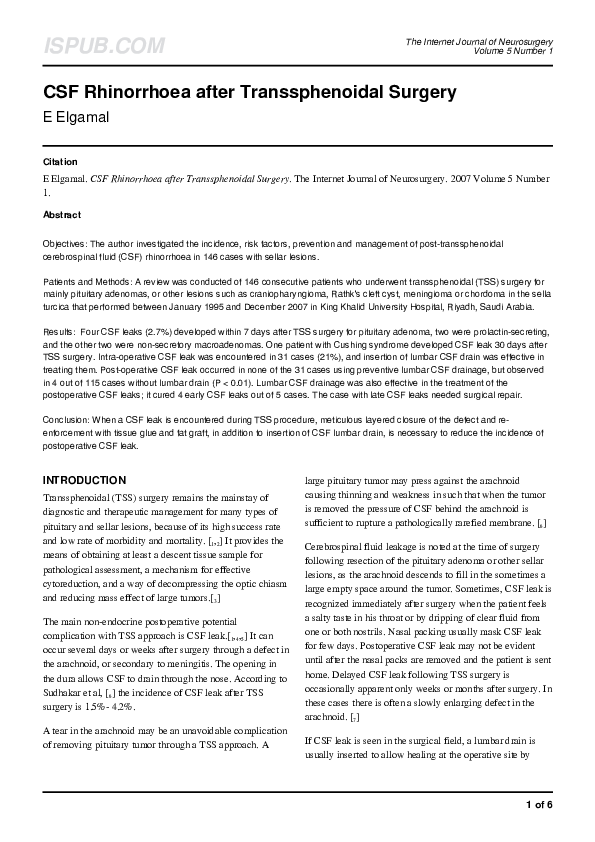(PDF) CSF Rhinorrhoea after Transsphenoidal Surgery | Essam Elgamal ...