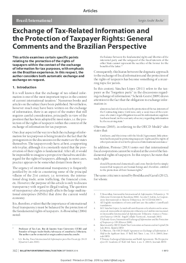 (PDF) Exchange of Tax-Related Information and the Protection of ...