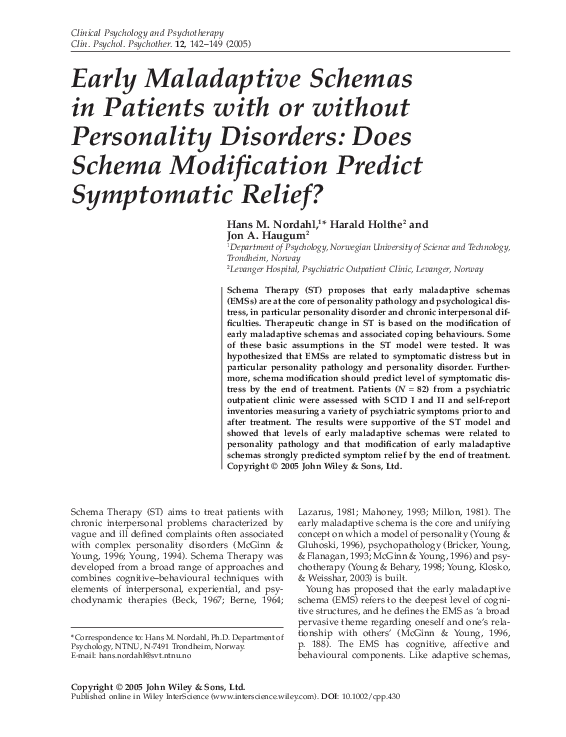 (PDF) Early maladaptive schemas in patients with or without personality ...