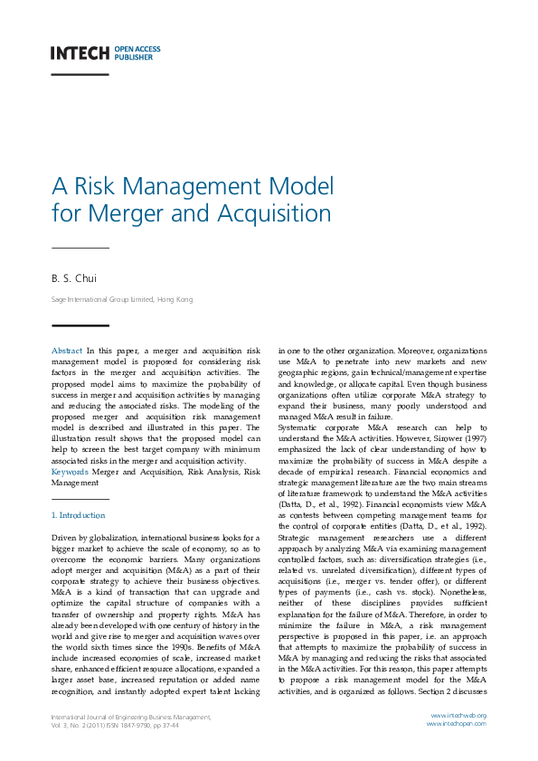 (PDF) A Risk Management Model for Merger and Acquisition