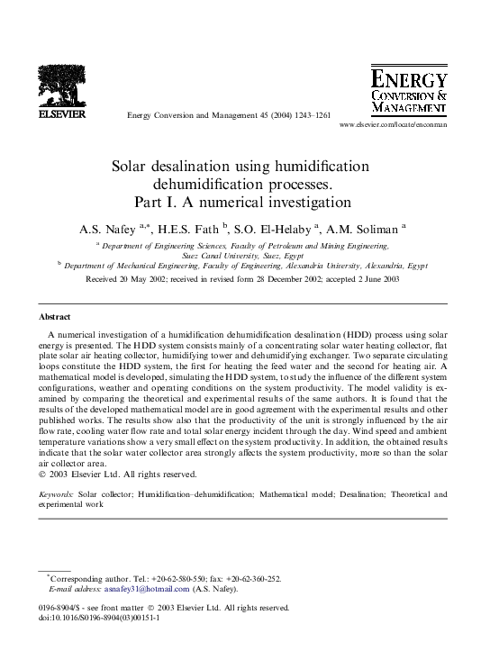 (PDF) Solar desalination using humidification dehumidification processes. Part I. A numerical ...