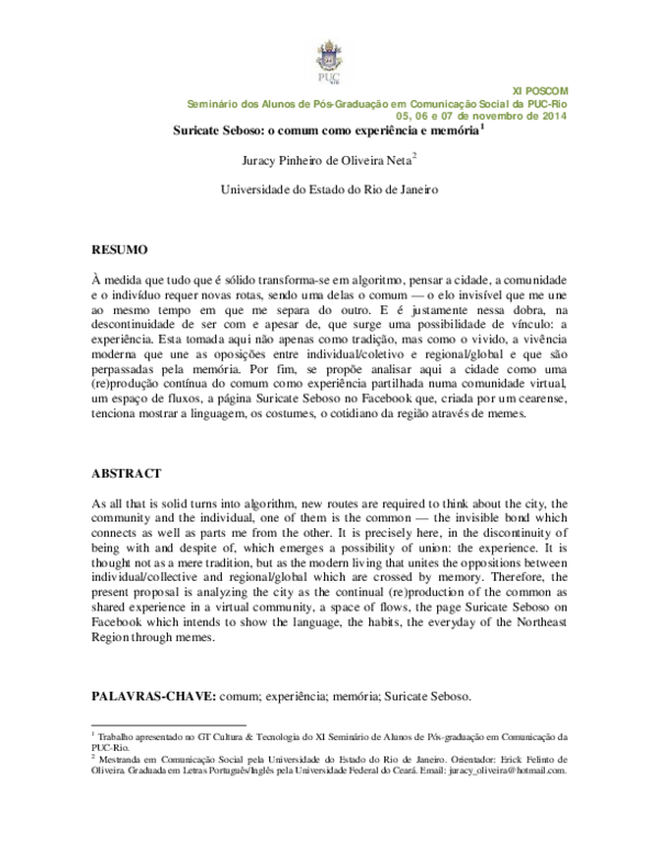 (PDF) Suricate Seboso: o comum como experiência e memória