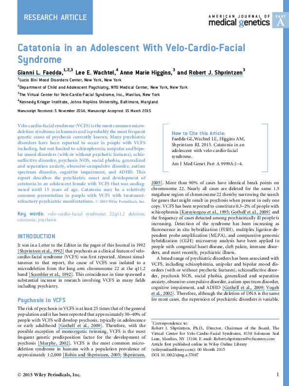 (PDF) Catatonia in an adolescent with velo-cardio-facial syndrome