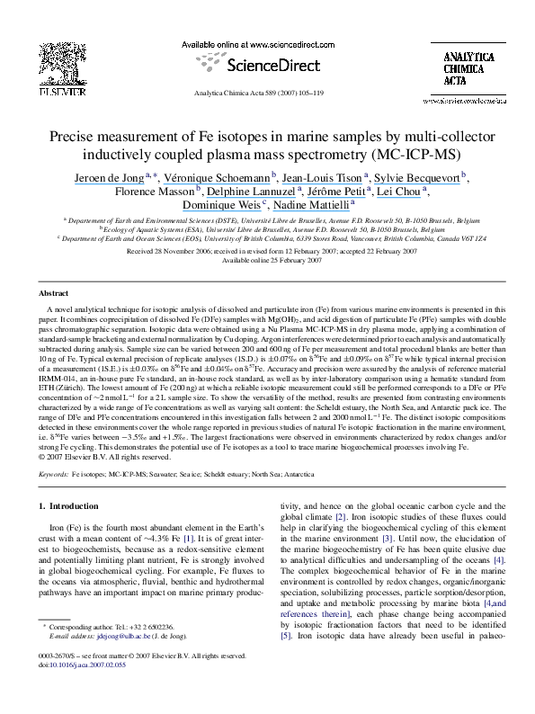 (PDF) Precise measurement of Fe isotopes in marine samples by multi ...