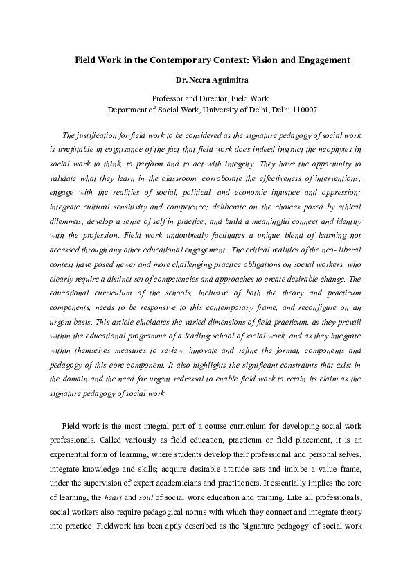 (DOC) Field Work in the Contemporary Context by Dr. Neera Agnimitra