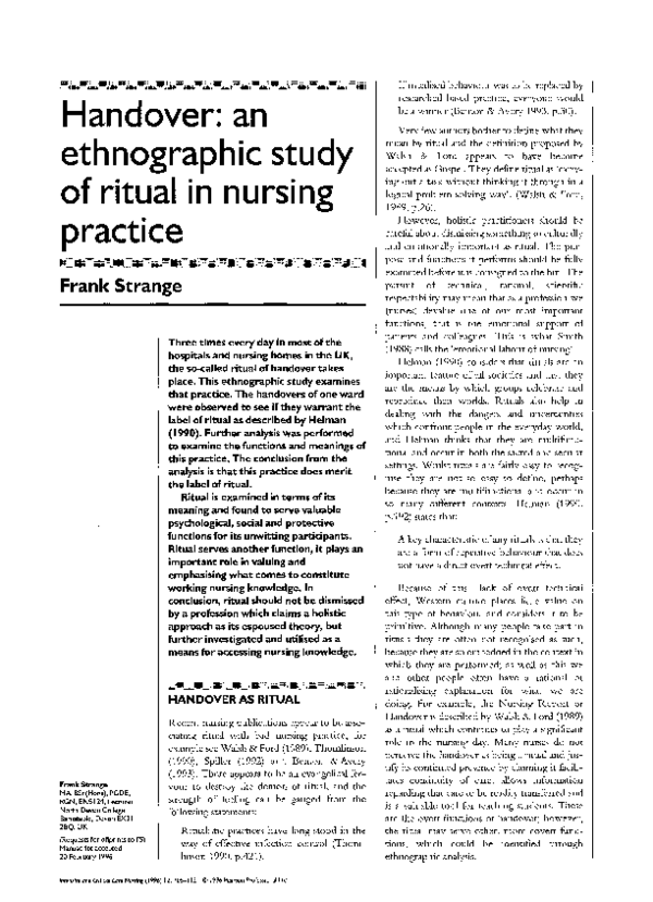 Handover: an ethnographic study of ritual in nursing practmce