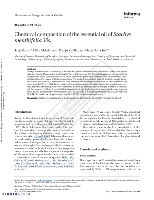 (PDF) Chemical composition of the essential oil of Stachys menthifolia Vis | Milka Maksimovic ...