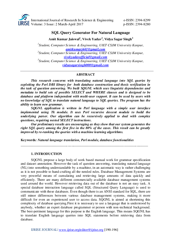 (PDF) SQL Query Generator For Natural Language