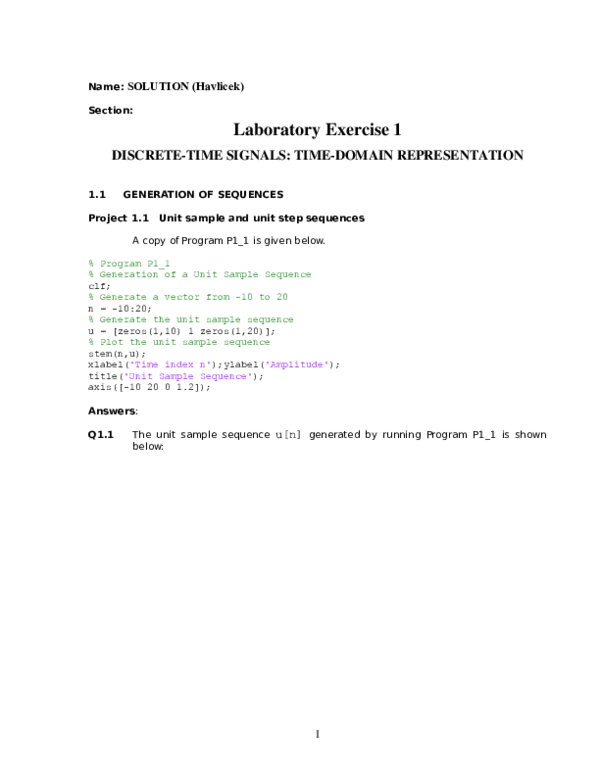 (DOC) Name: SOLUTION (Havlicek) Laboratory Exercise 1 DISCRETE-TIME SIGNALS: TIME-DOMAIN ...