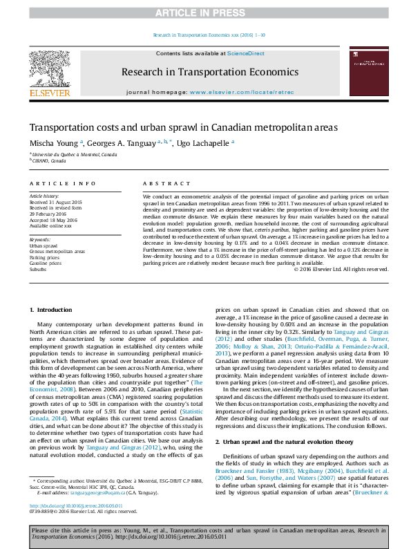 (PDF) Transportation Costs and Urban Sprawl in Canadian Metropolitan Areas