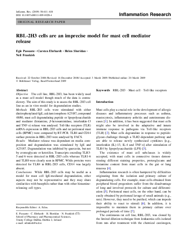 (PDF) RBL-2H3 cells are an imprecise model for mast cell mediator release