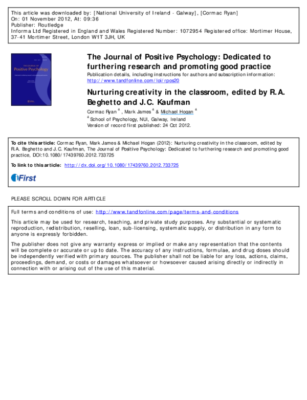 (PDF) Nurturing creativity in the classroom, edited by R.A. Beghetto ...