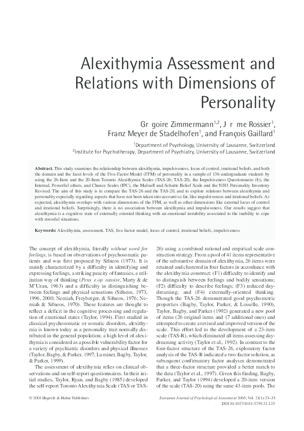 (PDF) Alexithymia Assessment and Relations with Dimensions of Personality