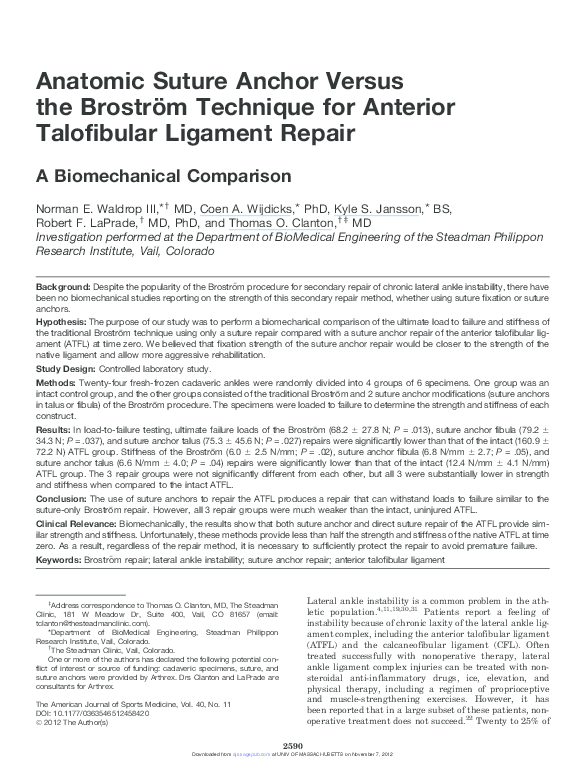 (PDF) Anatomic Suture Anchor Versus the Brostrom Technique for Anterior ...