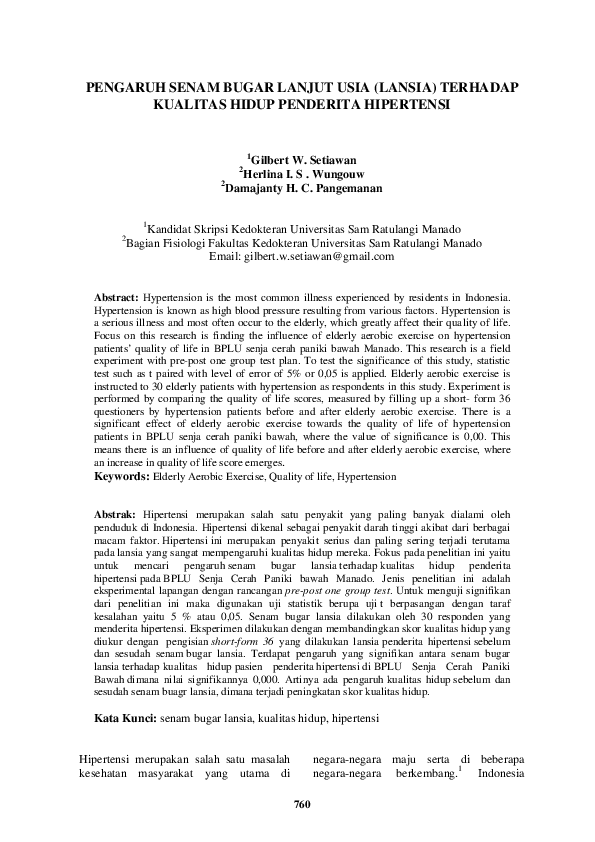 (PDF) PENGARUH SENAM BUGAR LANJUT USIA (LANSIA) TERHADAP KUALITAS HIDUP PENDERITA HIPERTENSI