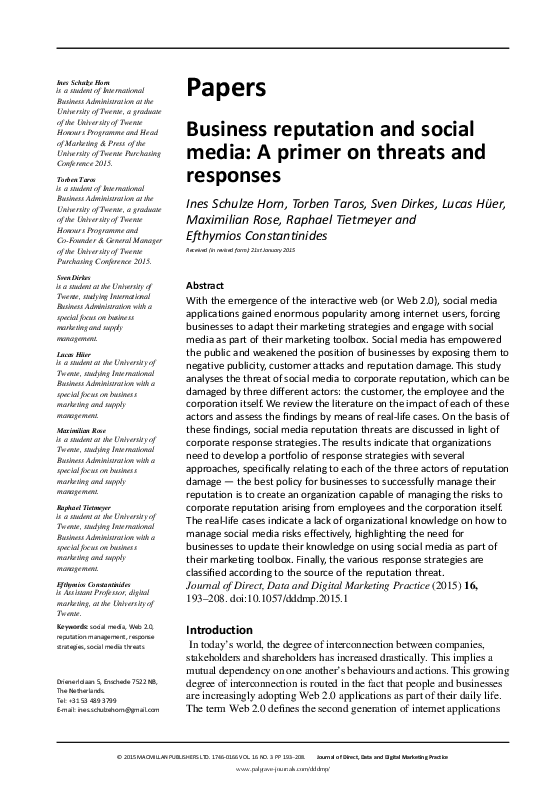 (PDF) Papers Business reputation and social media: A primer on threats ...