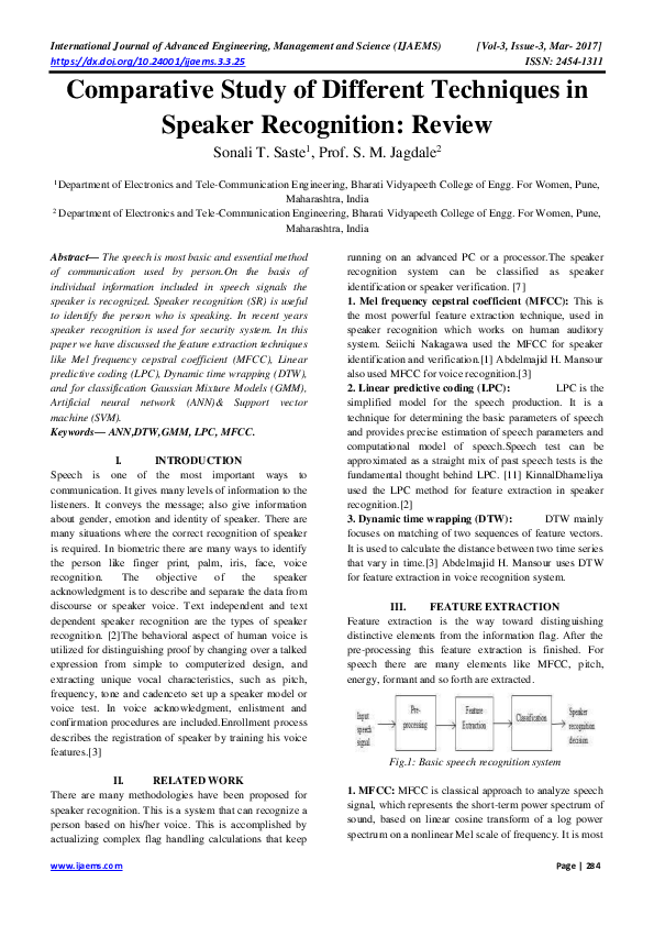 (PDF) Comparative Study of Different Techniques in Speaker Recognition ... (PDF) Comparative Study of Different Techniques in Speaker Recognition ...