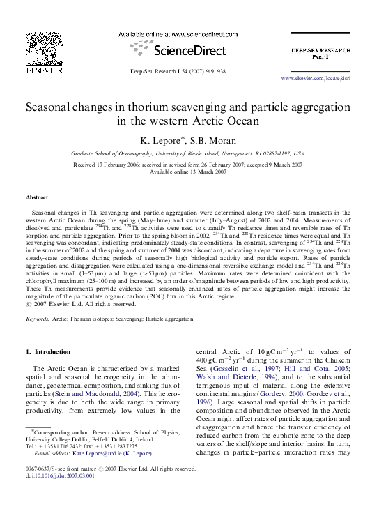 (PDF) Seasonal changes in thorium scavenging and particle aggregation in the western Arctic Ocean