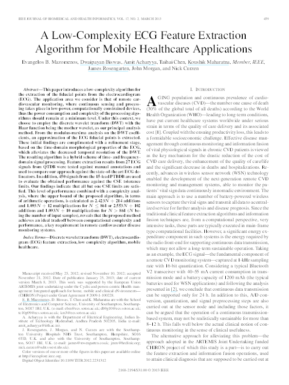 Pdf A Low Complexity Ecg Feature Extraction Algorithm For Mobile Healthcare Applications 