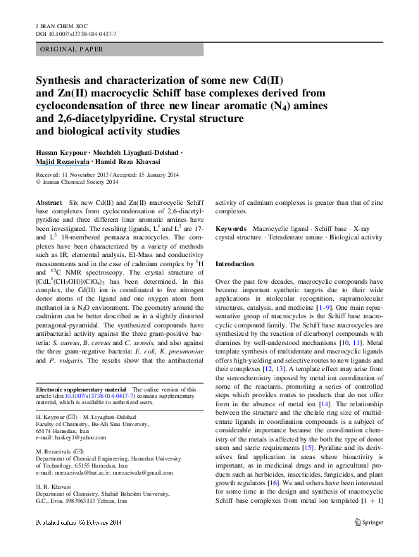 (PDF) Synthesis and characterization of some new Cd(II) and Zn(II) macrocyclic Schiff base ...