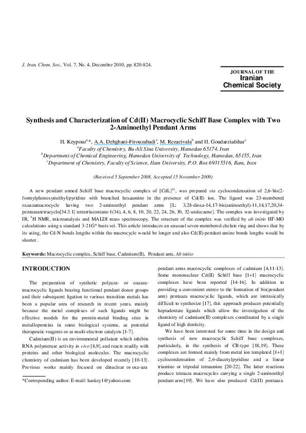 (PDF) Synthesis and characterization of Cd(II) macrocyclic schiff base complex with two 2 ...