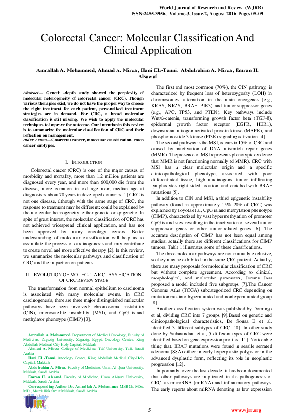 (PDF) Colorectal Cancer: Molecular Classification And Clinical Application