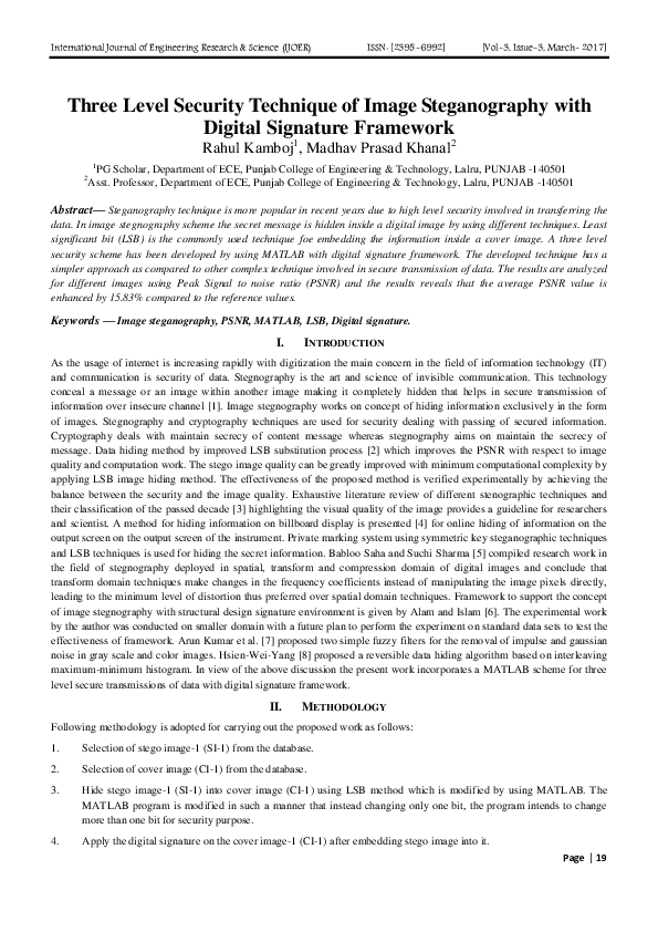 Pdf Three Level Security Technique Of Image Steganography With Digital Signature Framework