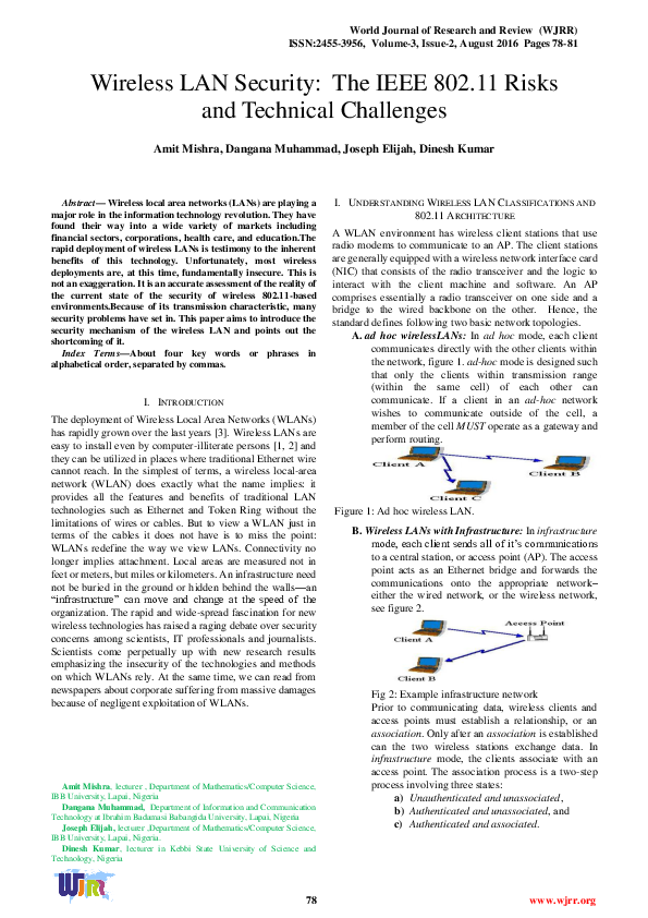 (PDF) Wireless LAN Security: The IEEE 802.11 Risks and Technical Challenges