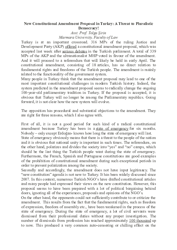 (DOC) New Constitutional Amendment Proposal in Turkey: A Threat to ...