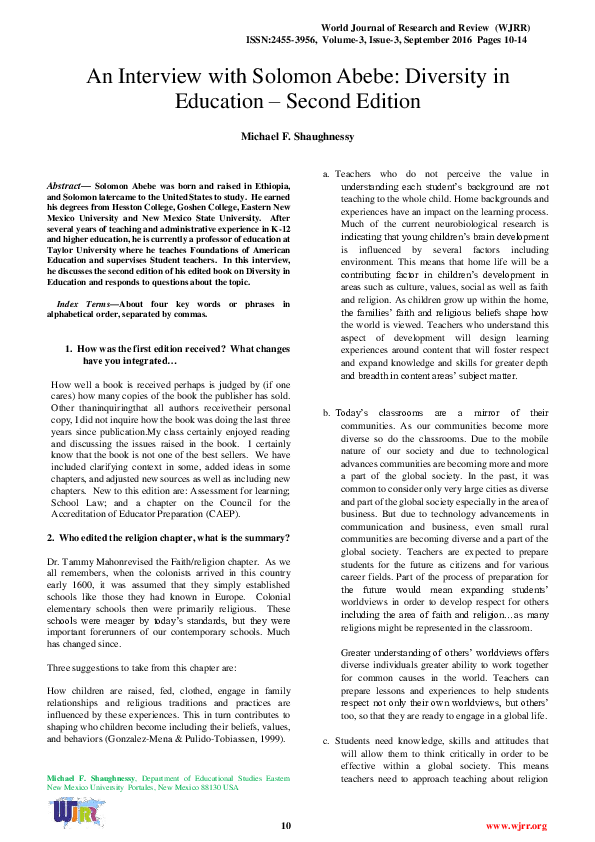 (PDF) An Interview with Solomon Abebe: Diversity in Education – Second Edition