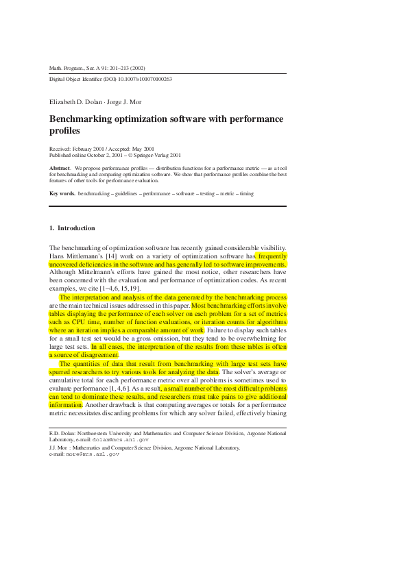 (PDF) Benchmarking optimization software with performance profiles