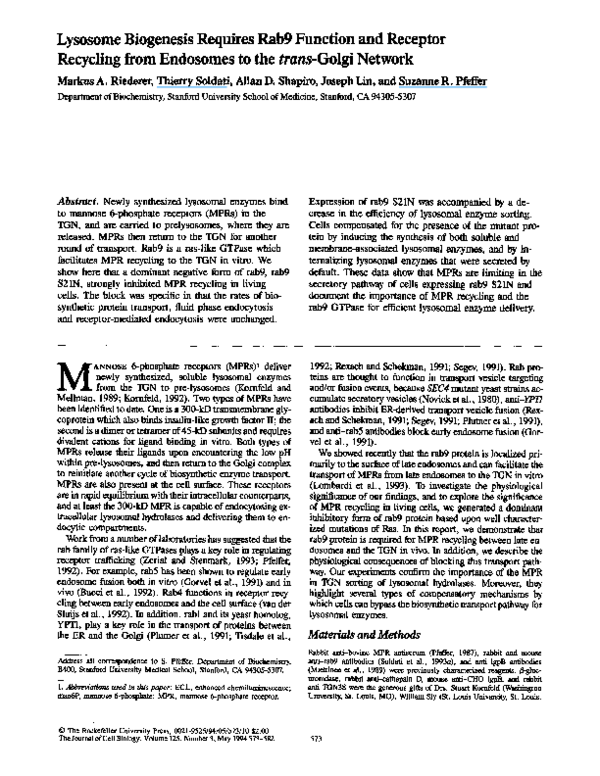 (PDF) Lysosome biogenesis requires Rab9 function and receptor recycling from endosomes to the ...