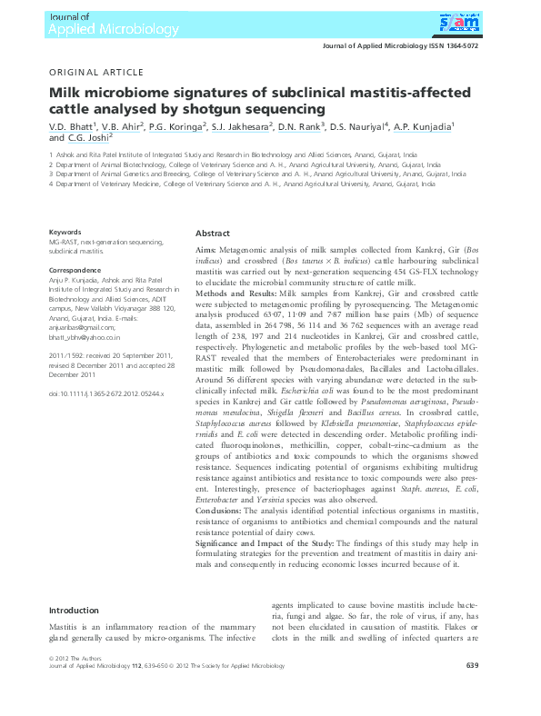 (PDF) Milk microbiome signatures of subclinical mastitis-affected cattle analysed by shotgun ...