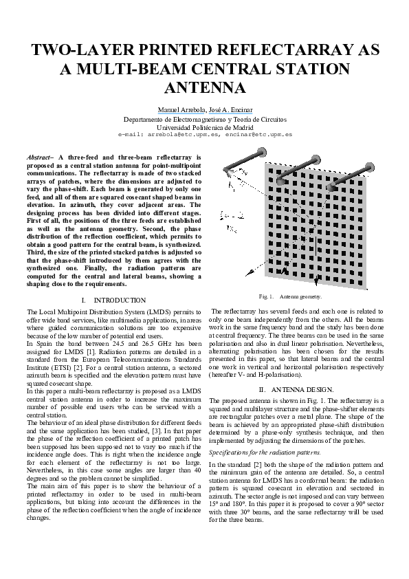 (PDF) “Two-layer printed reflectarray as a multi-beam central station ...