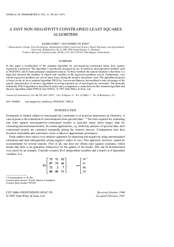 Pdf A Fast Non Negativity Constrained Least Squares Algorithm