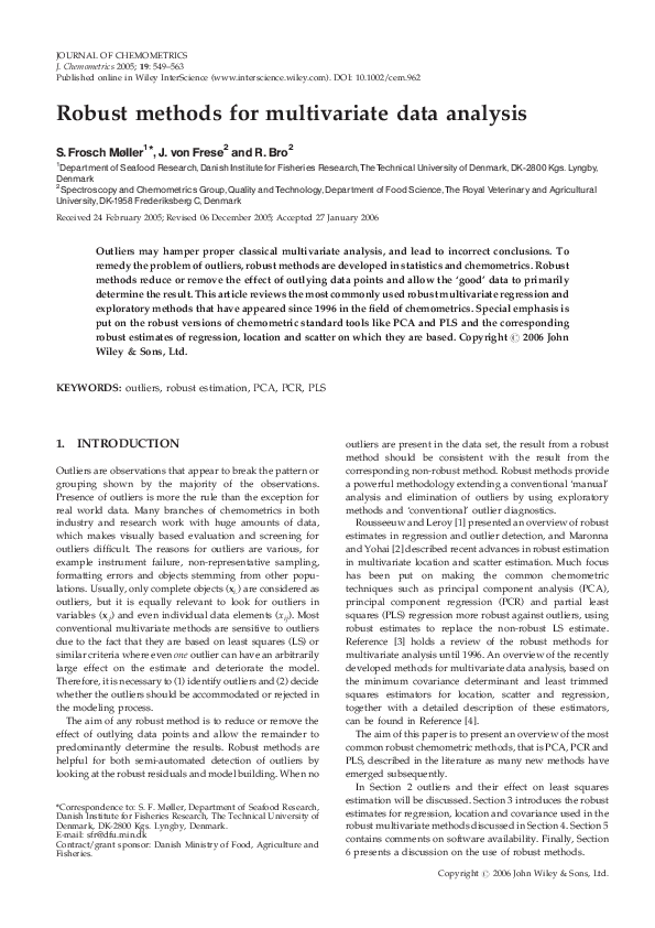 (PDF) Robust Multivariate Methods in Chemometrics