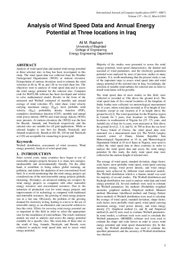 Pdf Analysis Of Wind Speed Data And Annual Energy Potential At Three Locations In Iraq